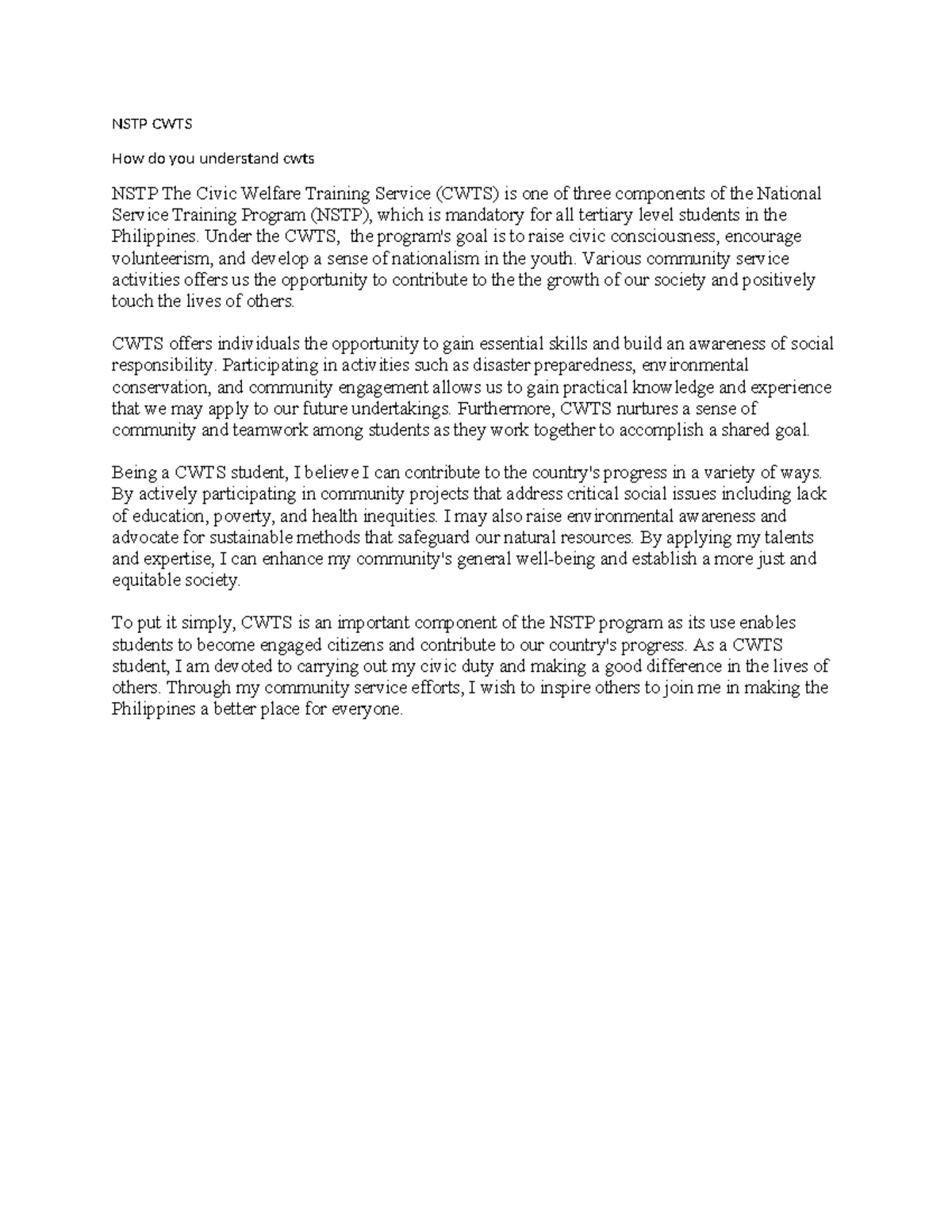 NSTP CWTS - essay - NSTP CWTS How do you understand cwts NSTP The Civic ...