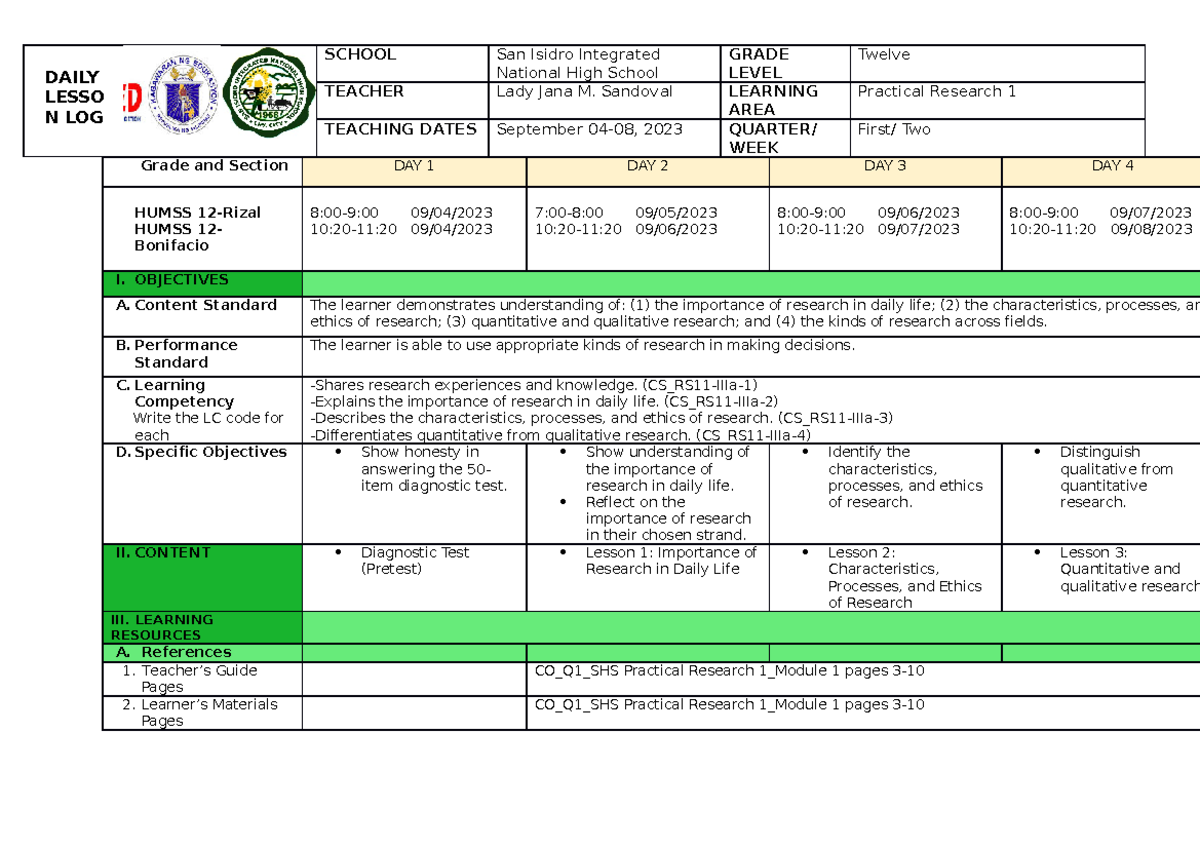 Q1.Week 1 - Lesson Plan - SCHOOL San Isidro Integrated National High ...