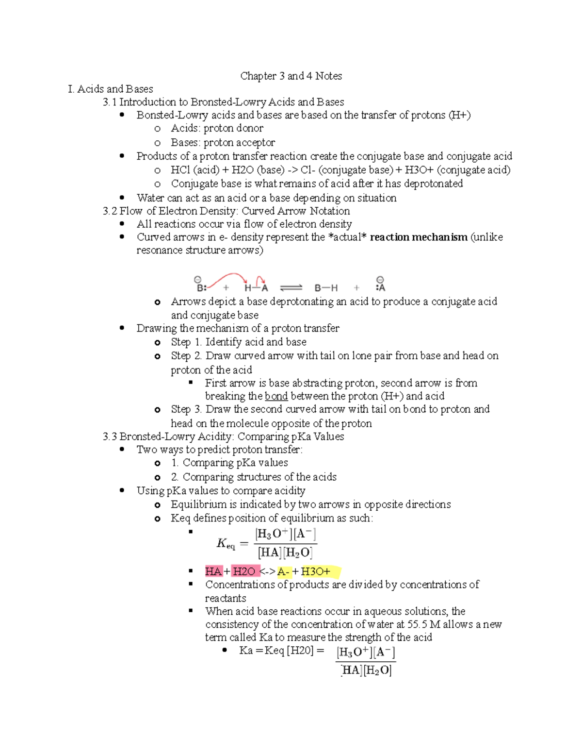 Chapter 3 and 4 Notes - Chapter 3 and 4 Notes I. Acids and Bases 3 ...