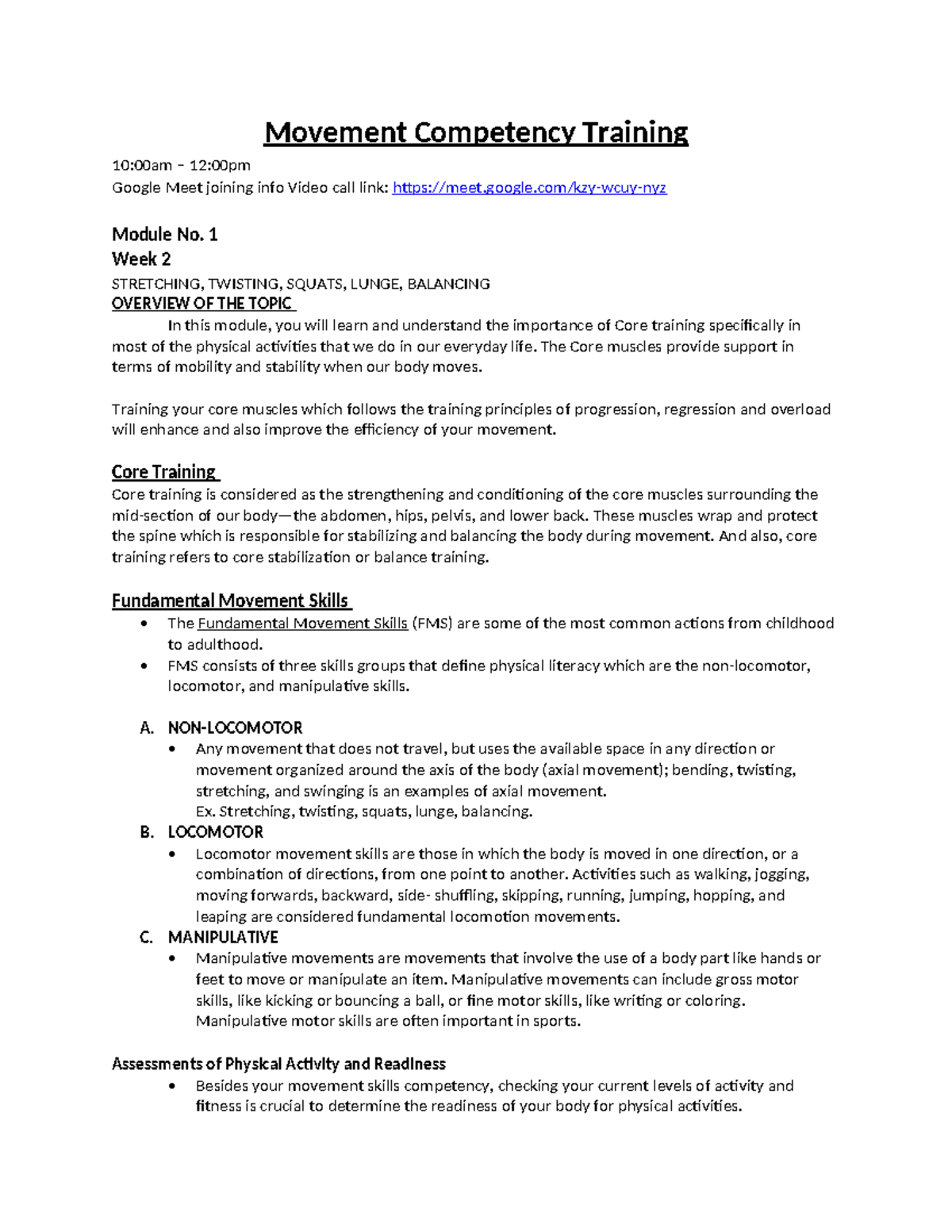 618644446 Movement Competency Training 1st year 1st semester - Movement ...