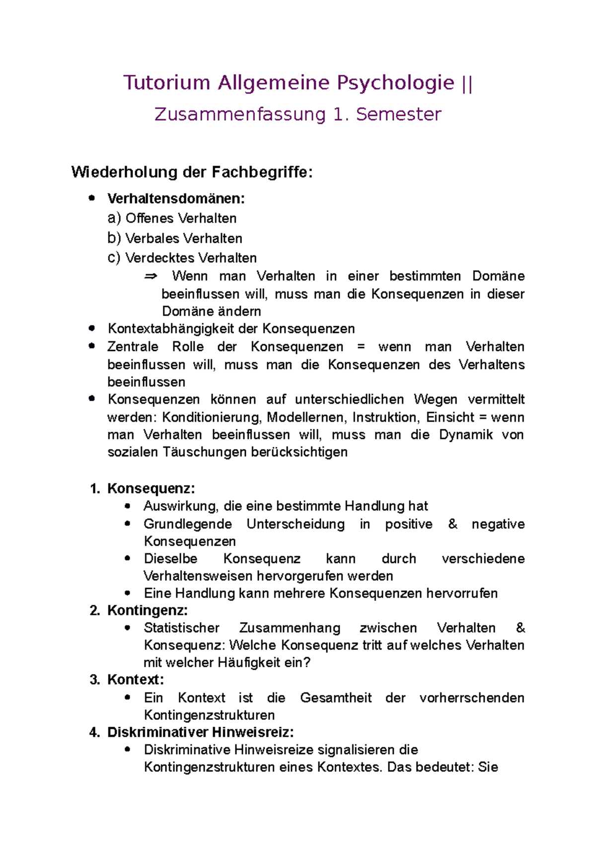 Tutorium Allgemeine Psychologie 2 Zusammenfassung - Semester Wiederholung der Fachbegriffe ...