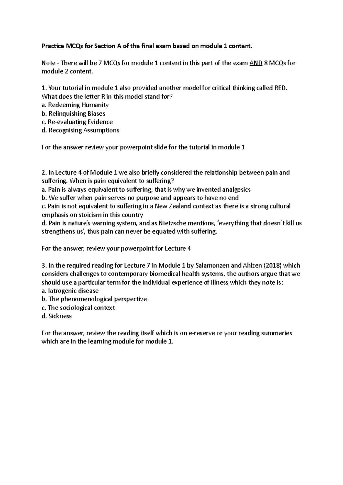 Practice MCQs for Section A of the final exam based on module 1 content ...