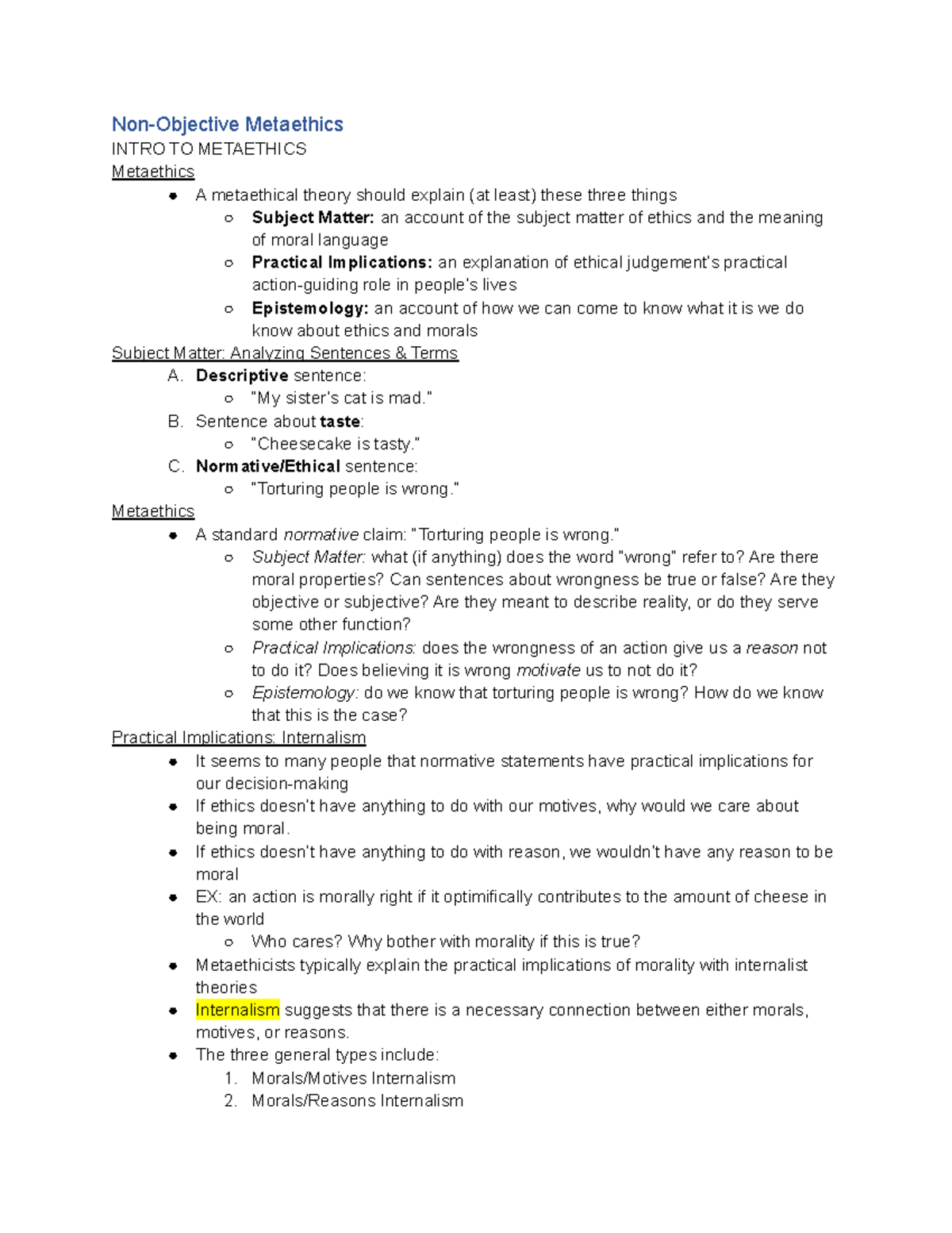 Non-Objective Metaethics; Pt 1 - Non-Objective Metaethics INTRO TO ...