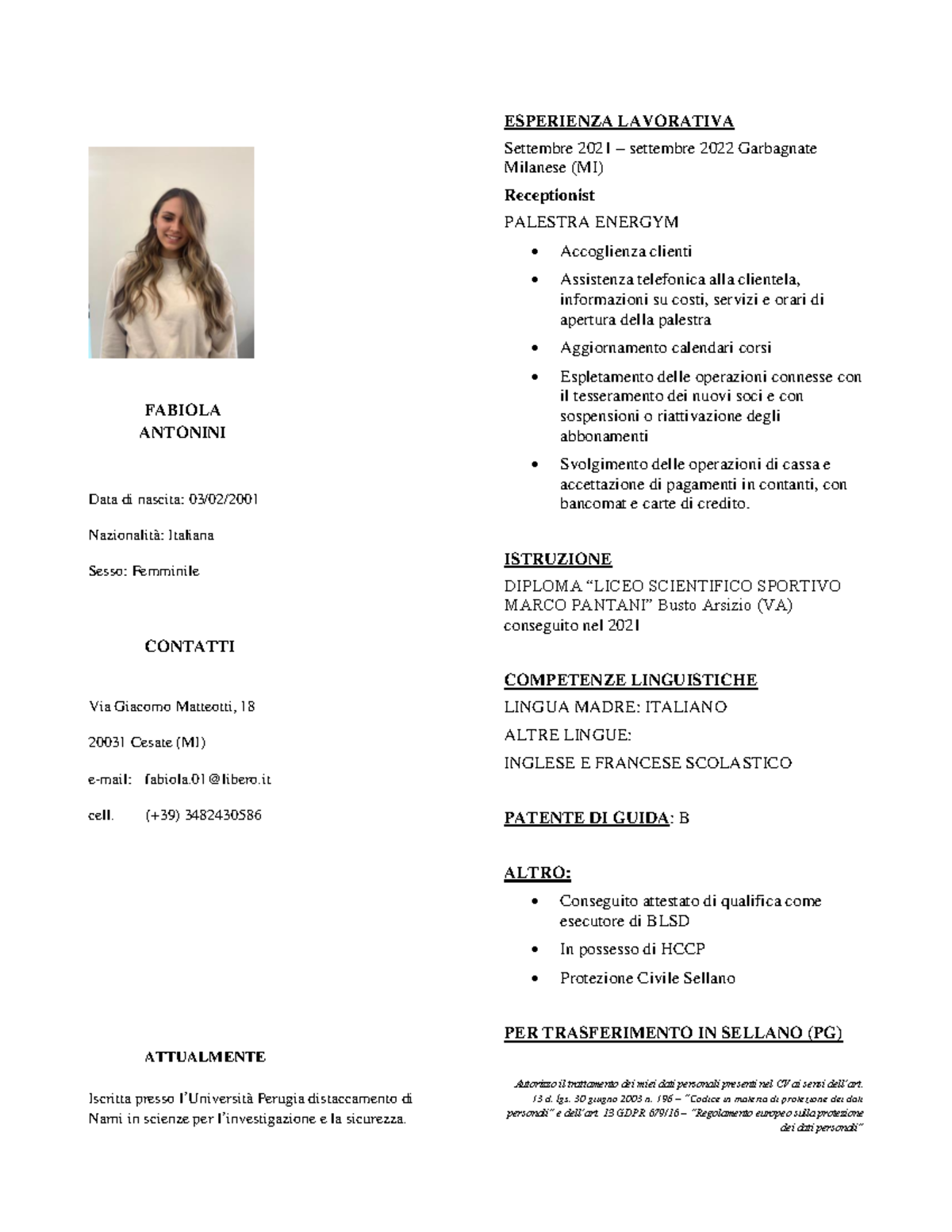 Curriculum Vitae - .hhfg - FABIOLA ANTONINI Data di nascita: 03/02 ...