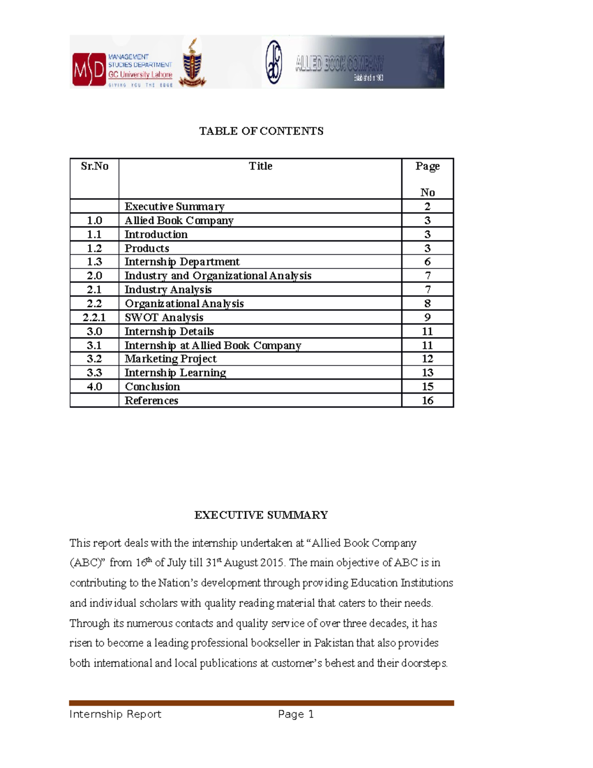 281054468-Internship-Report - TABLE OF CONTENTS Sr Title Page No ...