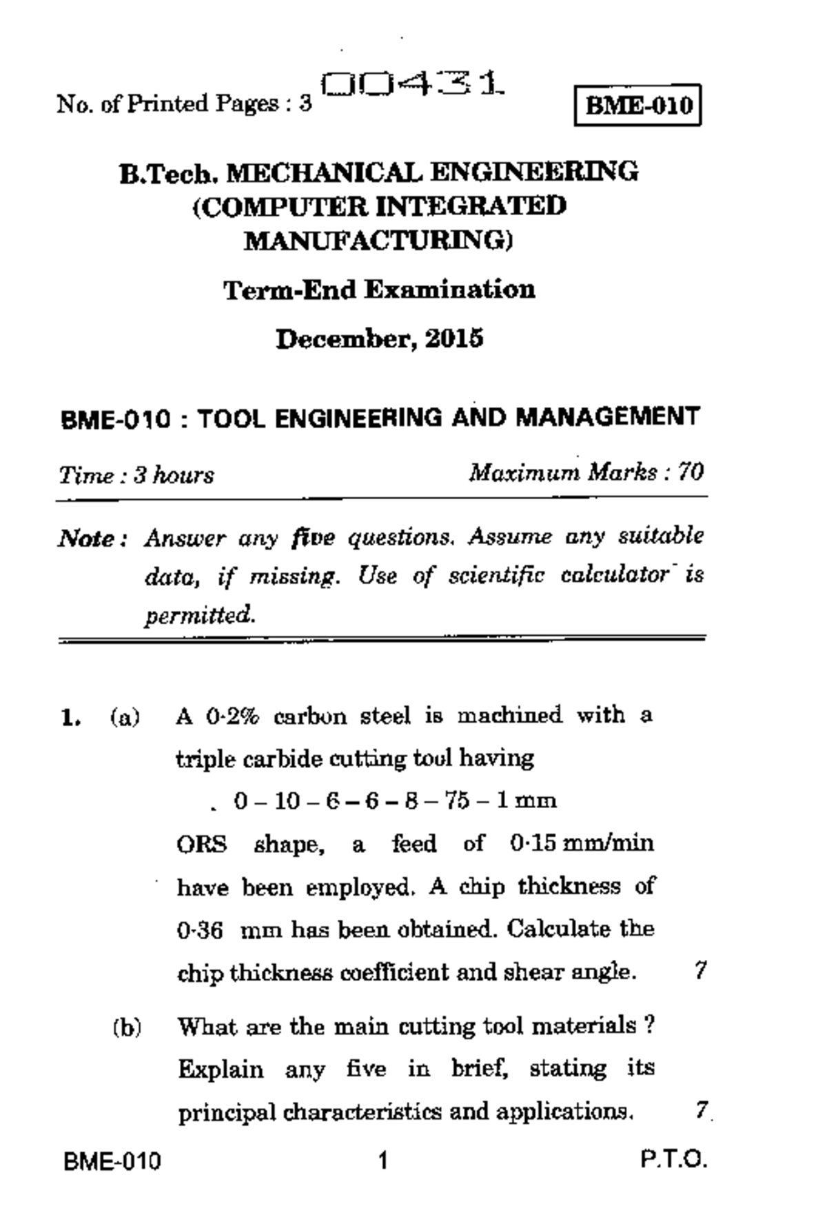 BME-010 - Summary design of experiment - No. of Printed Pages : 3 004:3 I BME- B. MECHANICAL ...