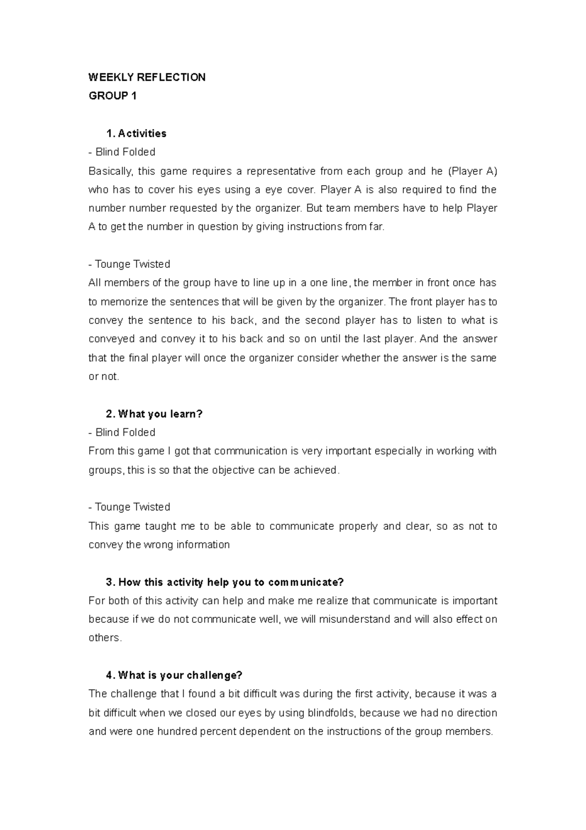 Weekly Reflection Pec 200 - WEEKLY REFLECTION GROUP 1 1. Activities ...