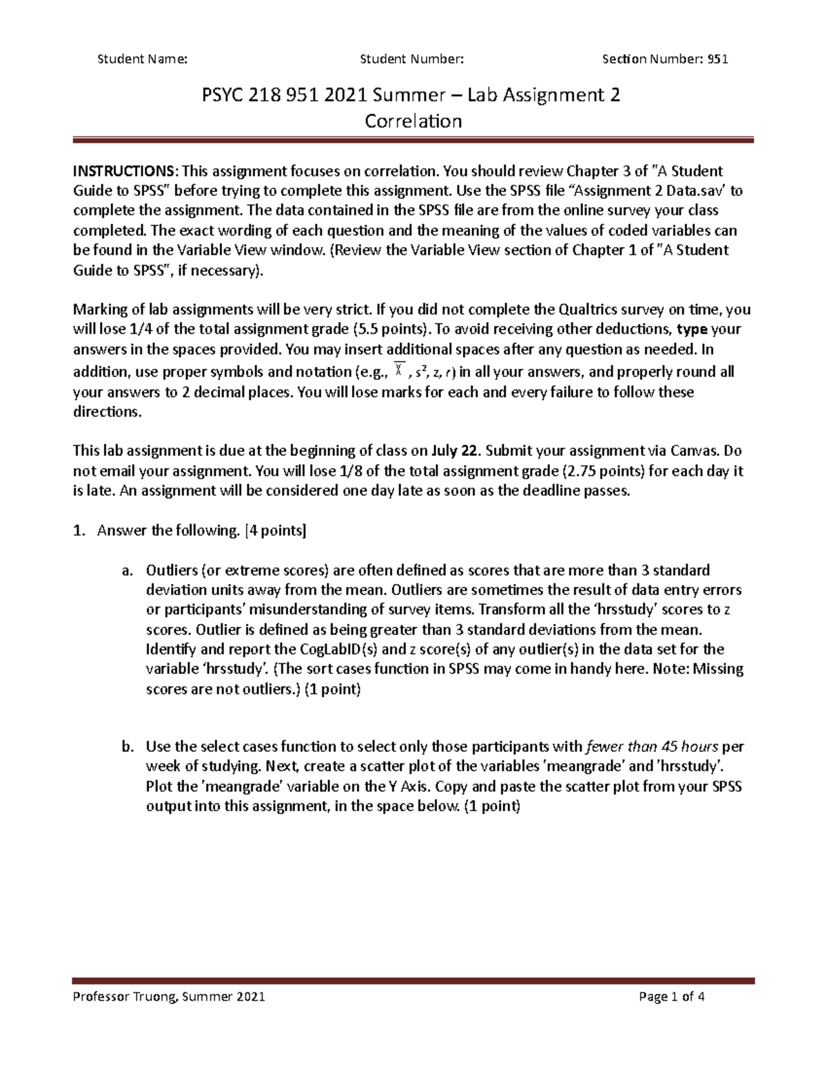 PSYC 218 951 2021 Assignment 2-1 - PSYC 218 951 2021 Summer – Lab Assignment 2 Correlation - Studocu