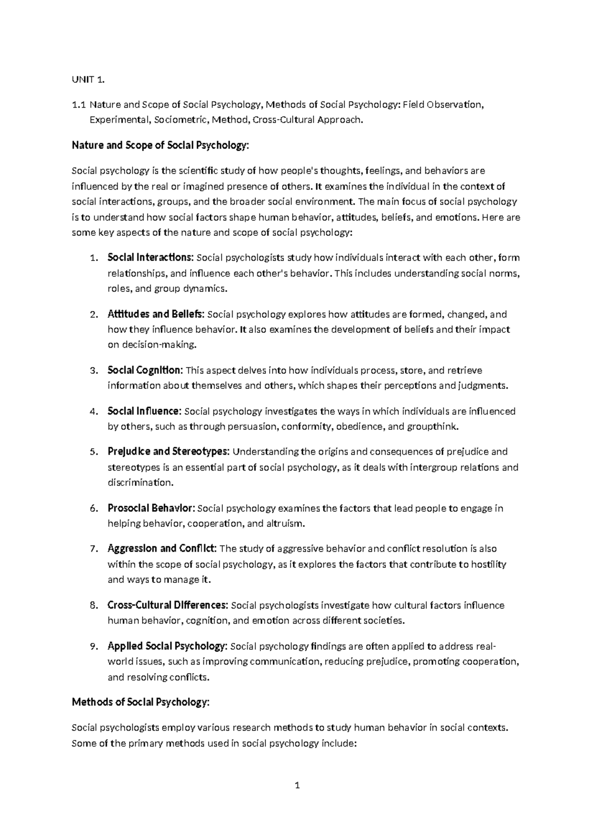 Psychology II-U - UNIT 1. 1 Nature and Scope of Social Psychology ...