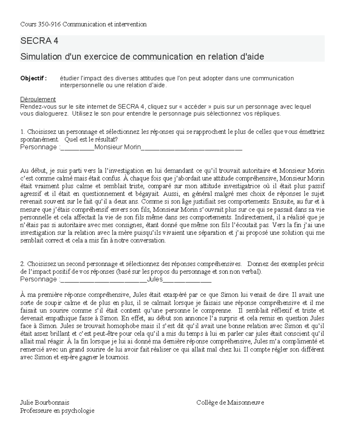 Secra exercice a23 - Cours 350-916 Communication et intervention SECRA ...