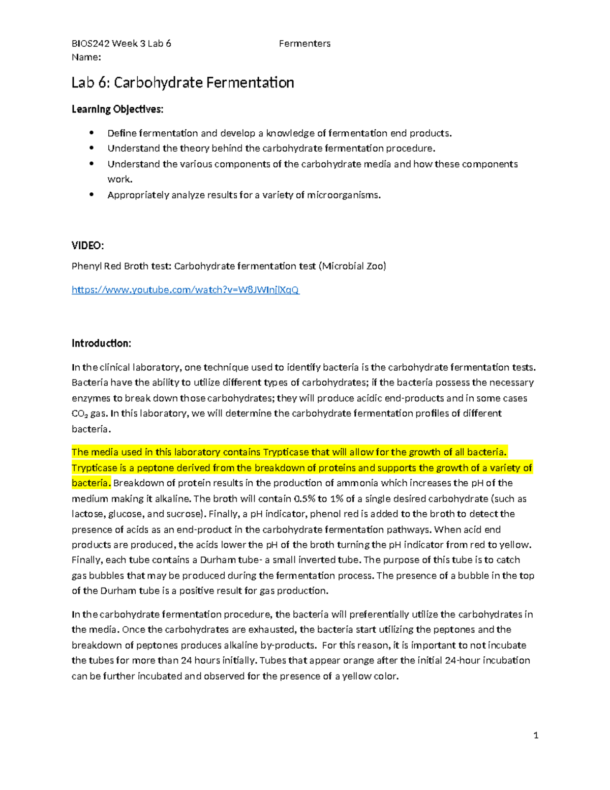 Dr. Zeine Week 3 Lab 6 Carbohydrate Fermentation, Dextrose, Lactose ...