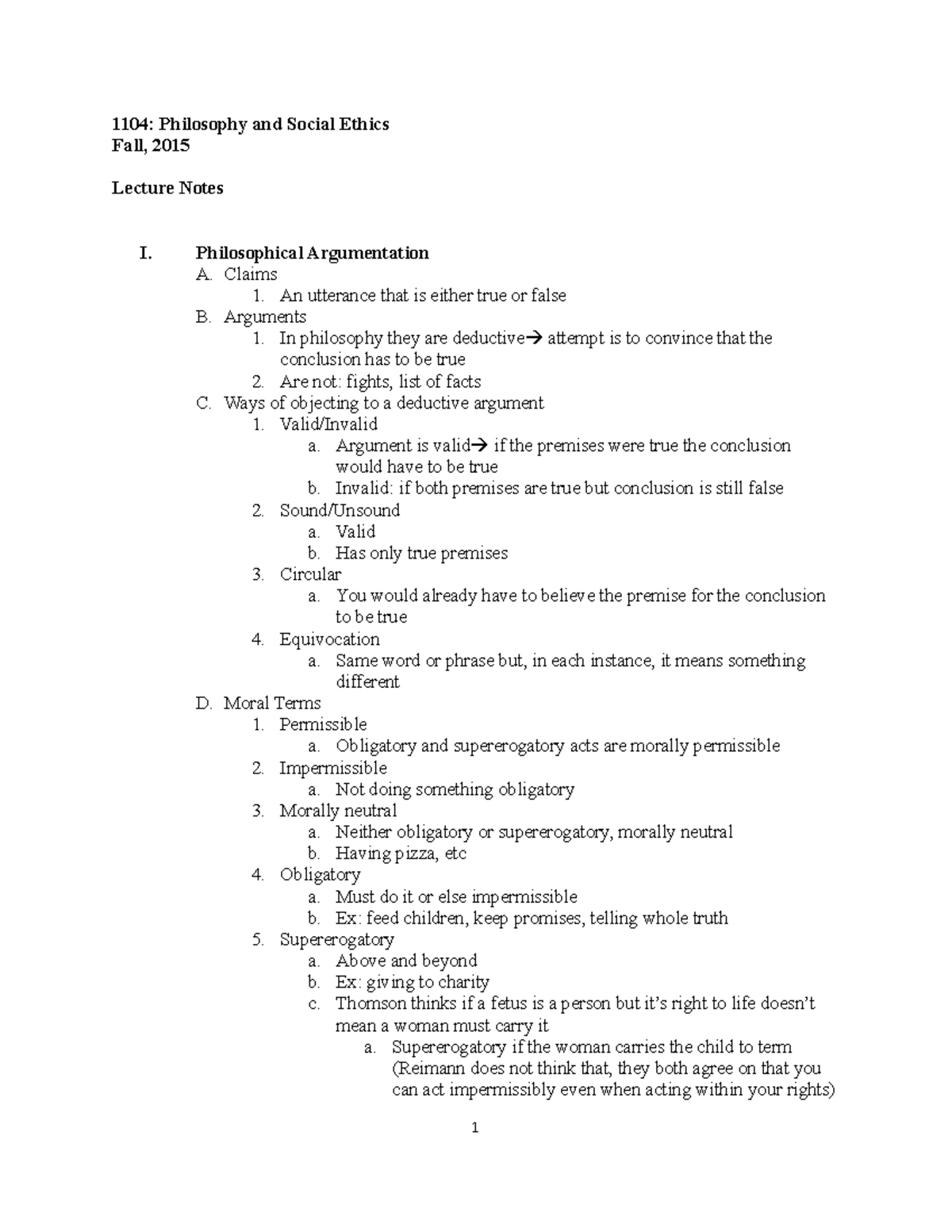 Lecture Notes, Lecture All Lectures - 1104: Philosophy and Social ...