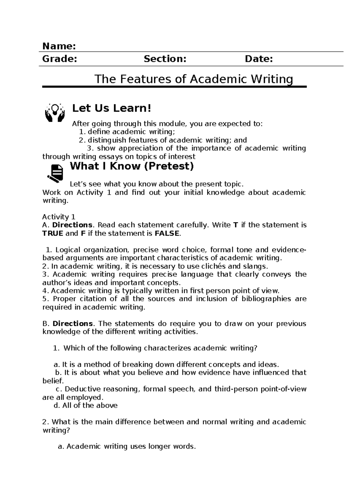 4th quarter module g7 - worksheet - The Features of Academic Writing ...