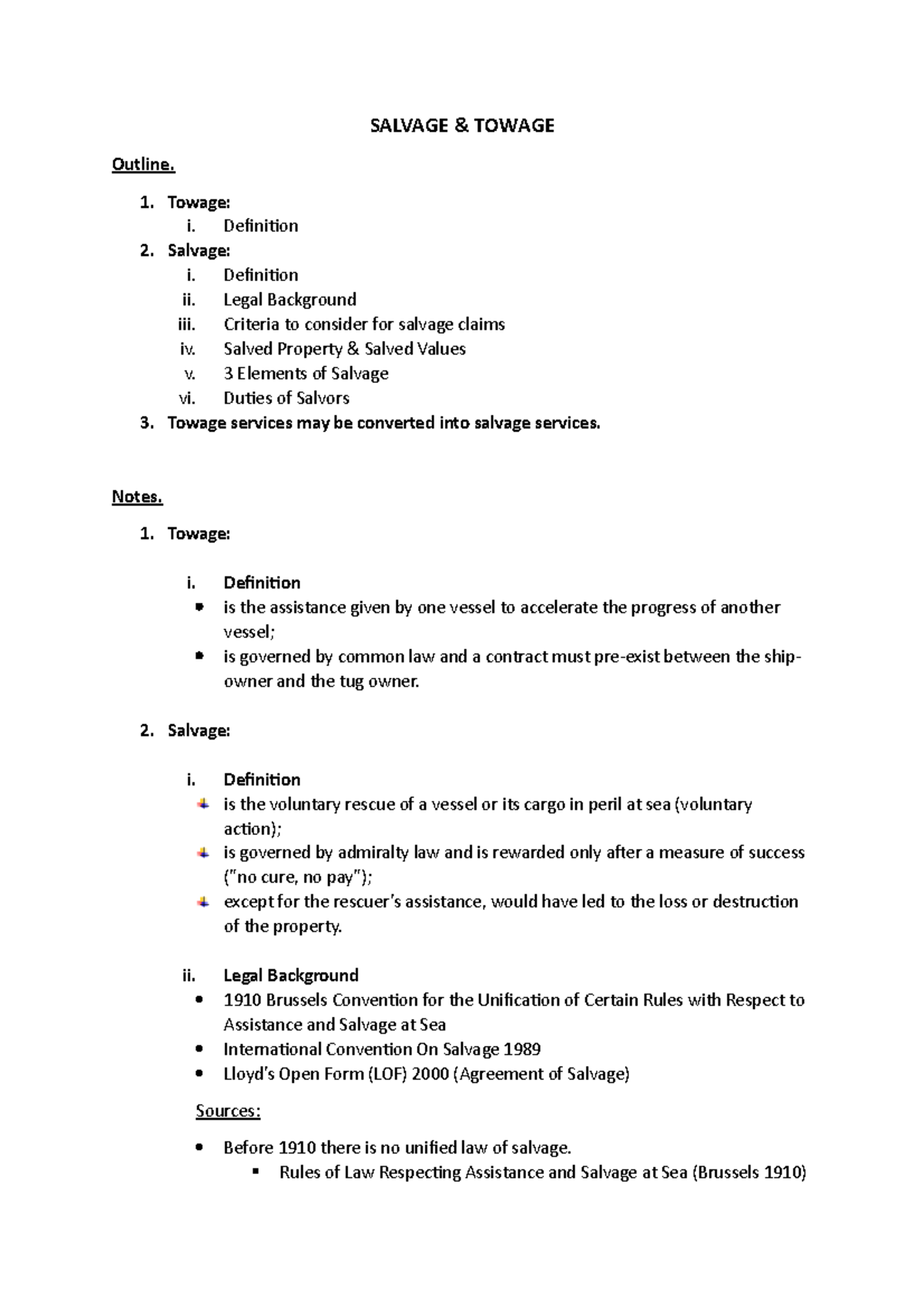 Salvage and Towage - SALVAGE & TOWAGE Outline. Towage: i. Definition ...