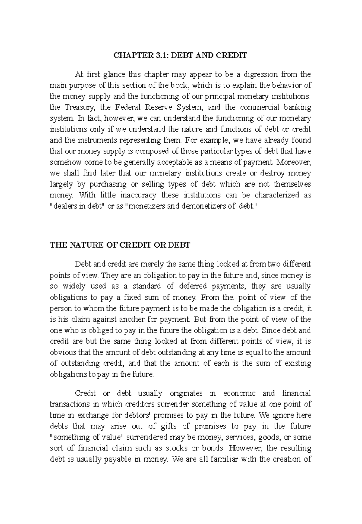 CHAPTER 3 DEBT AND CREDIT: The Nature of Credit or Debt [Bases and ...