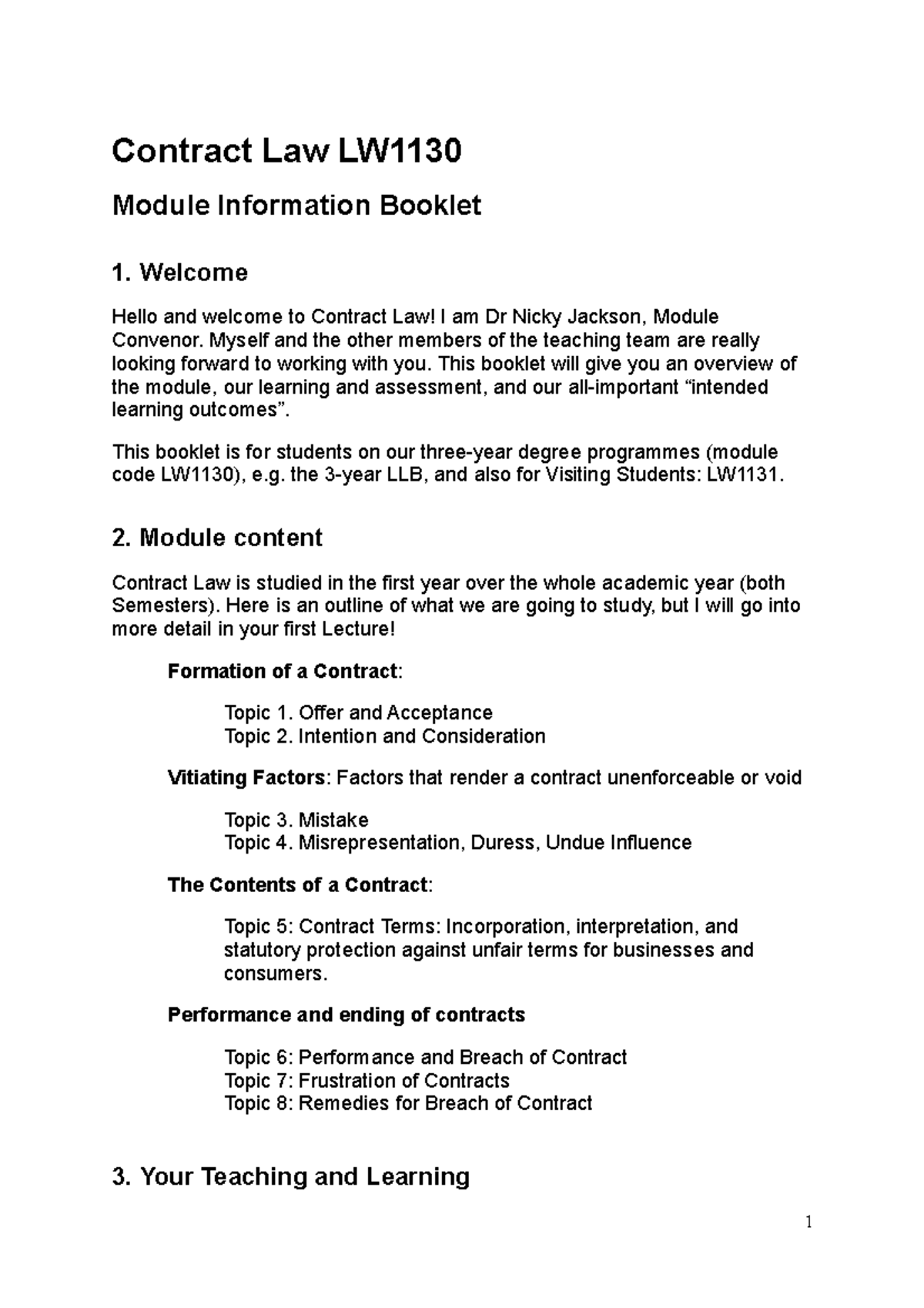 000000 Contract LW1130 Module Booklet - Contract Law LW Module Information Booklet 1. Welcome ...