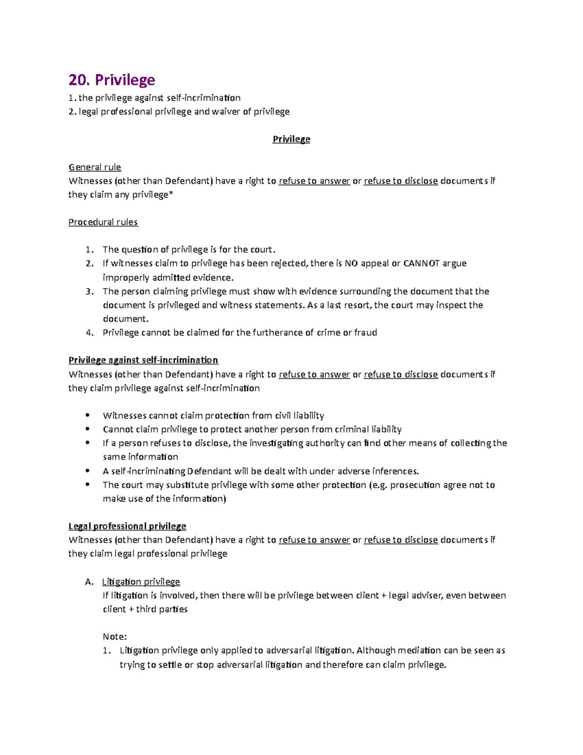 20 Privilege - Combination of lecture notes and personal notes ...