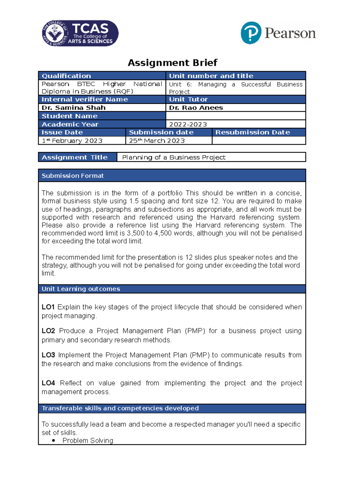 Assignment Brief - U 6 MSBP - Assignment Brief Qualification Unit number and title Pearson BTEC ...