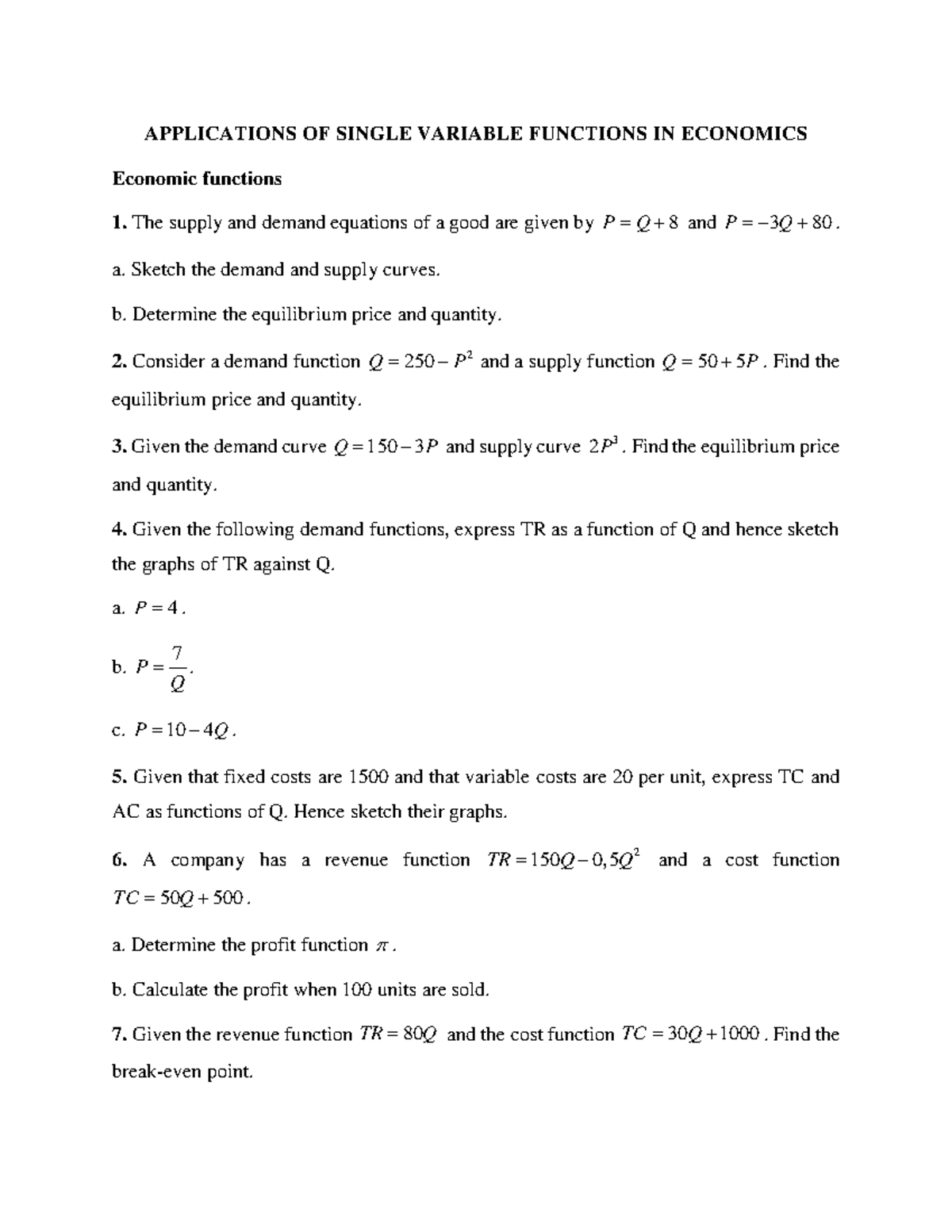 Applications Of Single Variable Functions In Economics Applications Of Single Variable