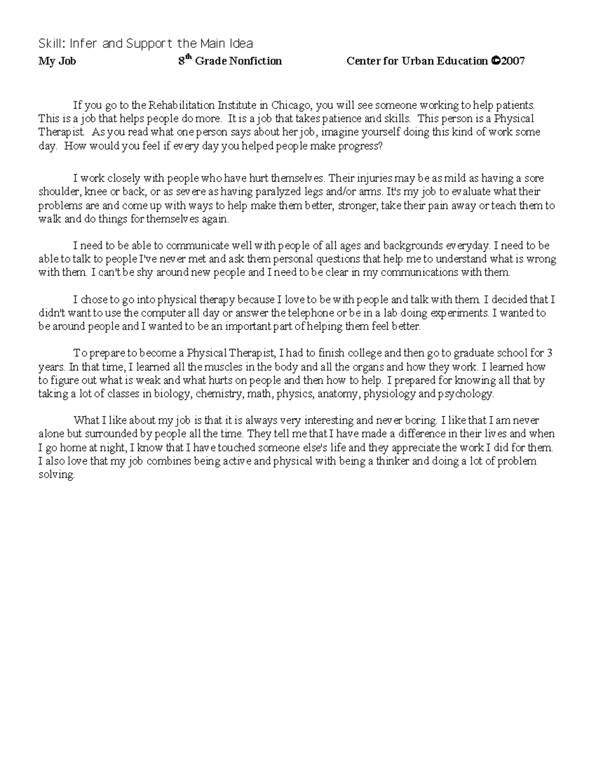 Grade 8 Main Idea - Main idea - Skill: Inf er and Suppor t the Main ...