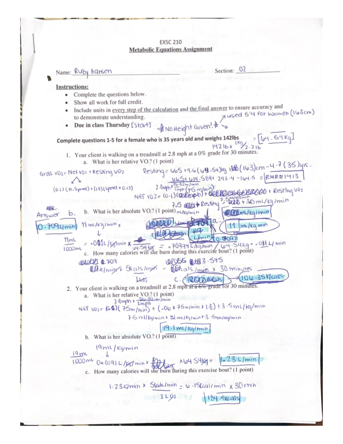 EXSC 210 - 8 pages demonstrating every type of metabolic equation in the ACSM book Irwin - Studocu