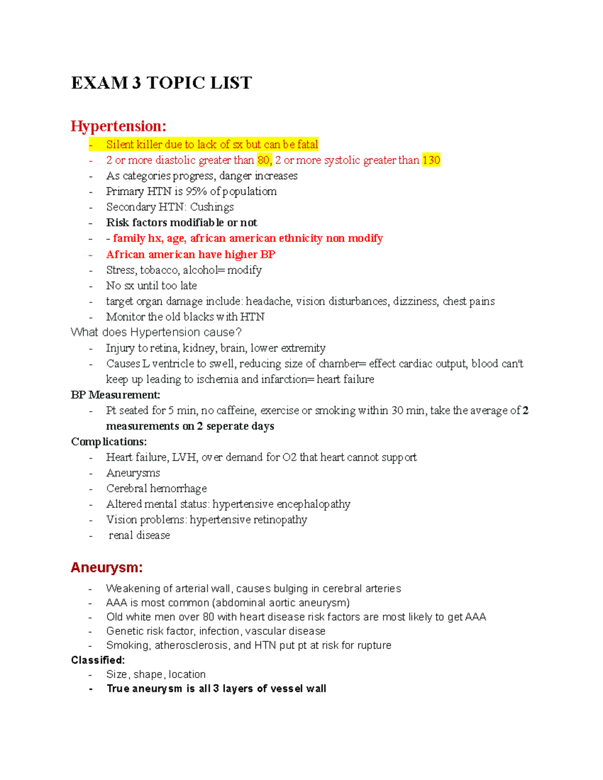 EXAM 3 Topic LIST - Hypertension, aneurysm, raynaud's, hyperlipidemia ...
