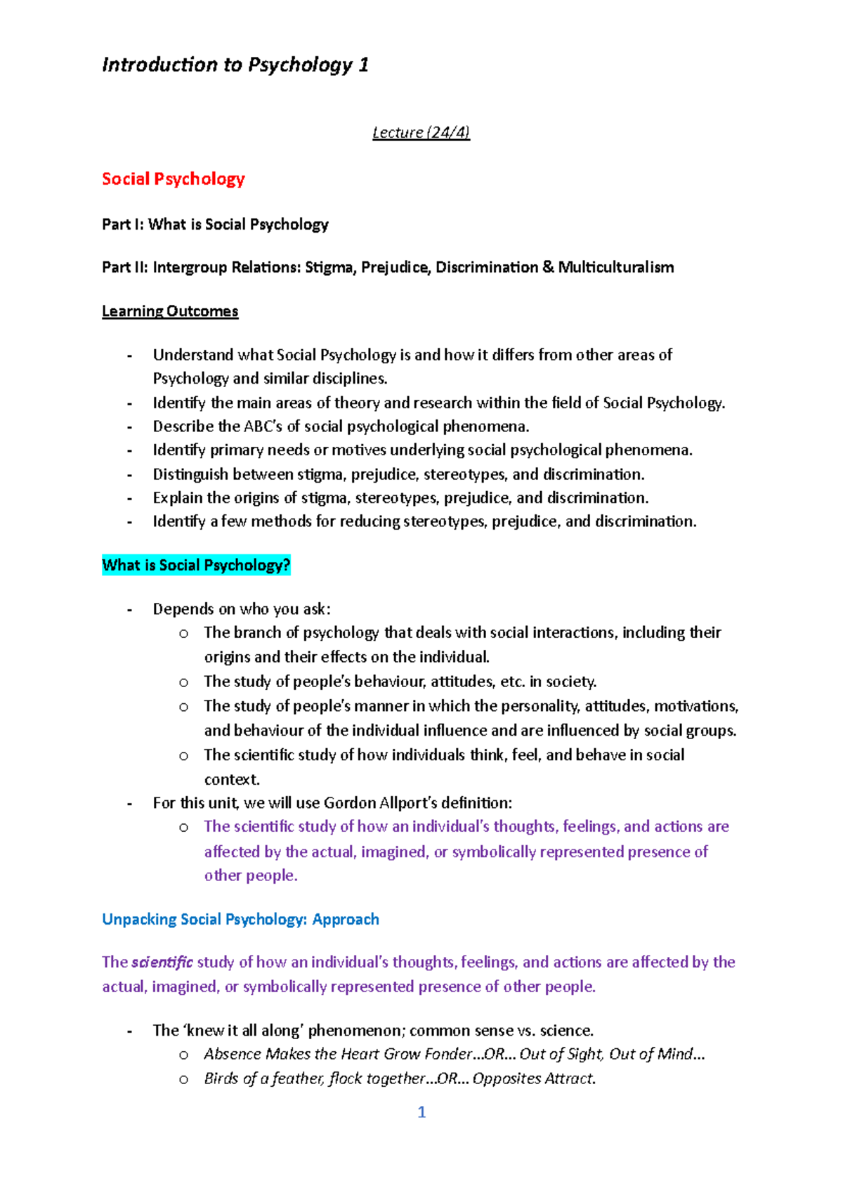 PSYU1101 W8 - lecture note - Lecture (24/4) Social Psychology Part I ...