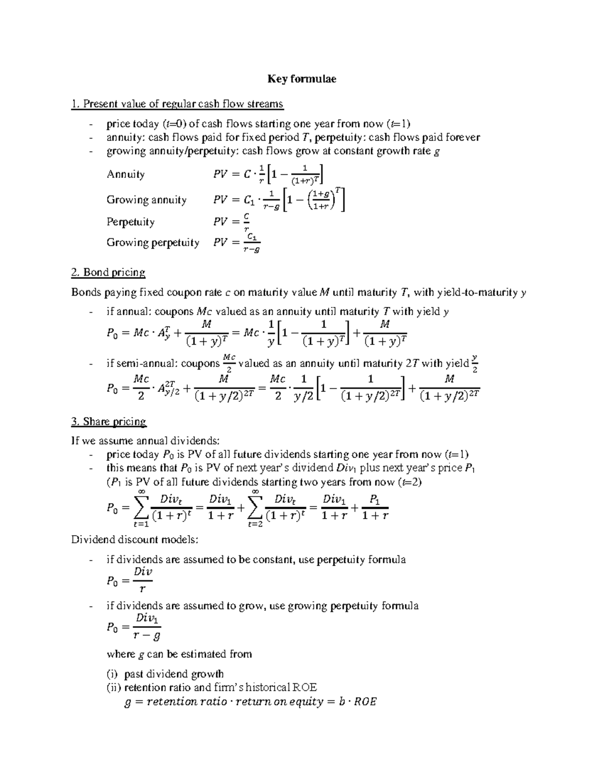 Key-formulas Principles of corporate finance - Key formulae Present value of regular cash flow ...