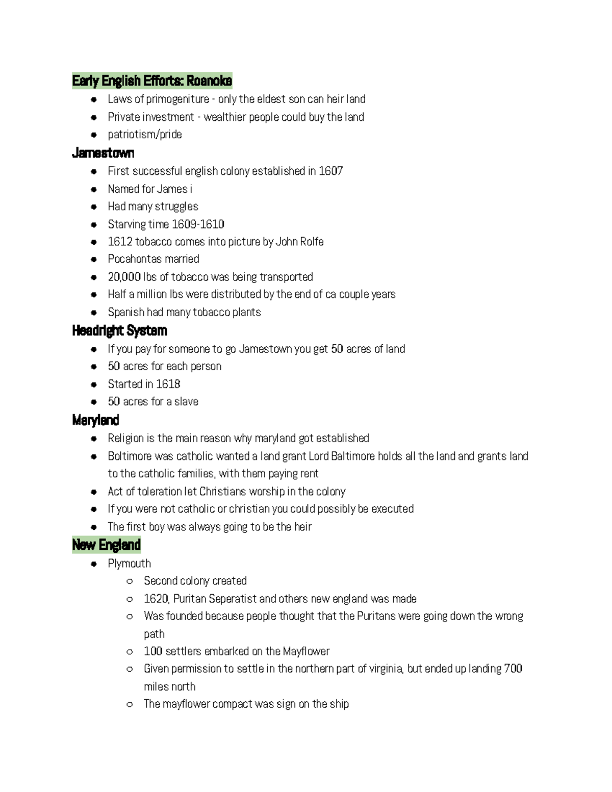 HUSH Notes - Early English Efforts: Roanoke Laws of primogeniture ...