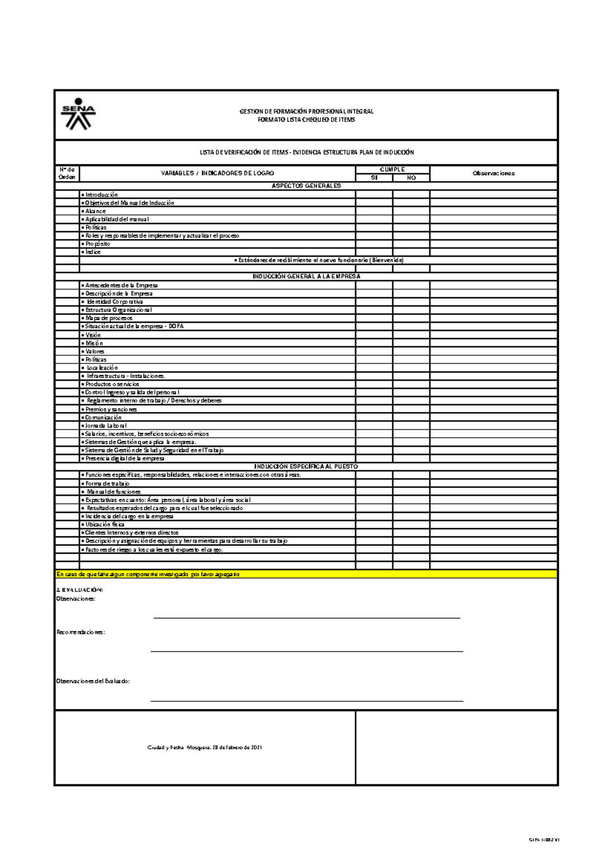 Lista Chequeo Manual DE Inducción - Primera Revisión - SI NO ...