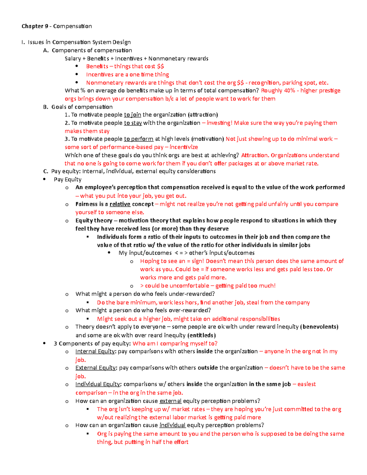 352 Final Outline - Chapter 9 Compensation I. Issues in Compensation ...