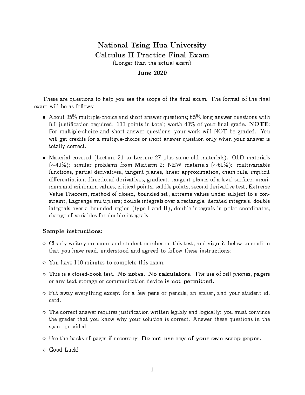 Calculus 2practice Final National Tsing Hua University Calculus Ii
