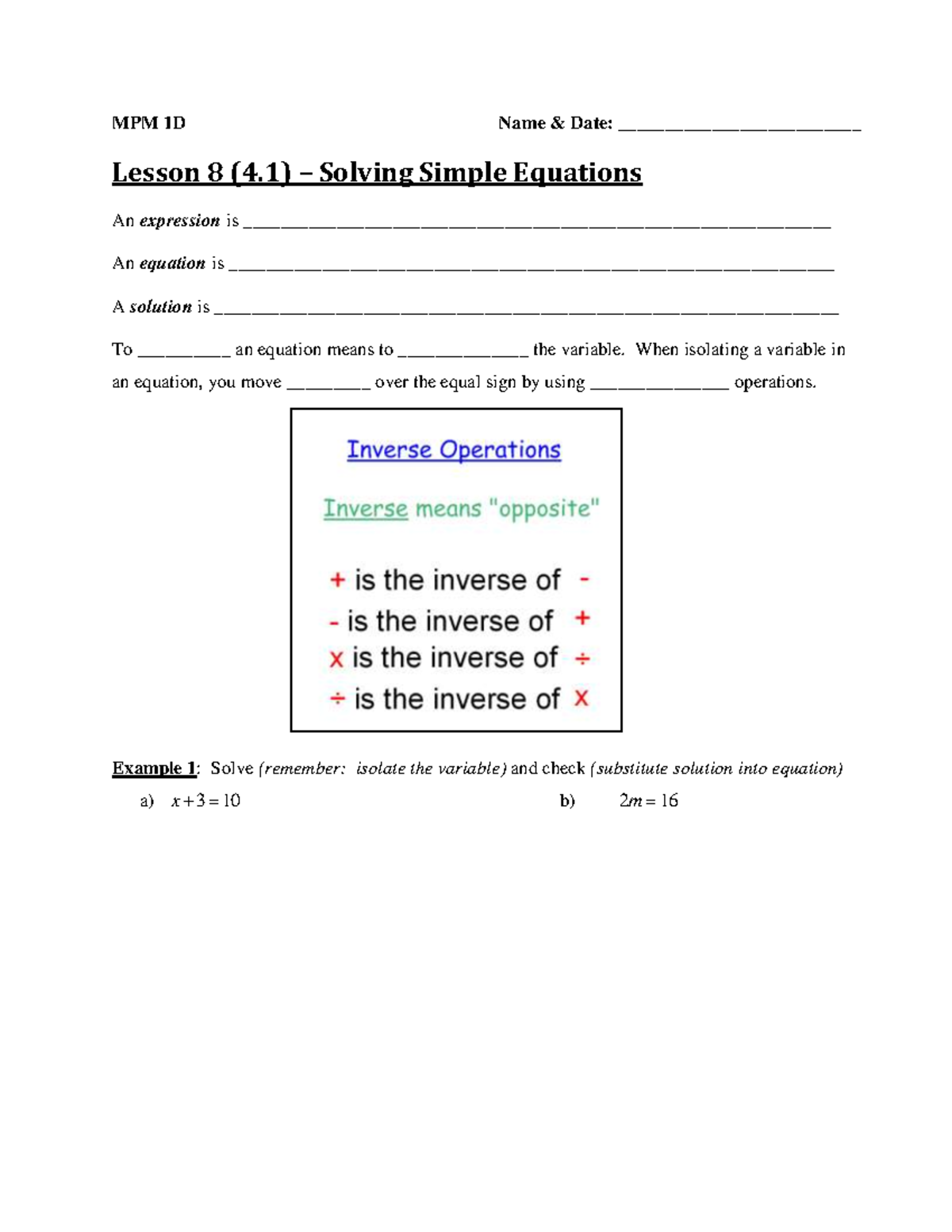 L8 - 4.1 Solving Simple Equations - MPM 1D Name & Date ...