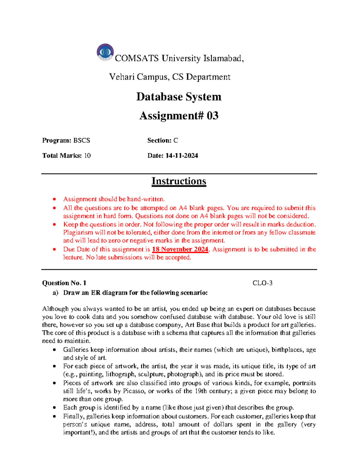 Assignment 3 - Practice scenarios for ER-Diagrams. - COMSATS University Islamabad, Vehari Campus ...