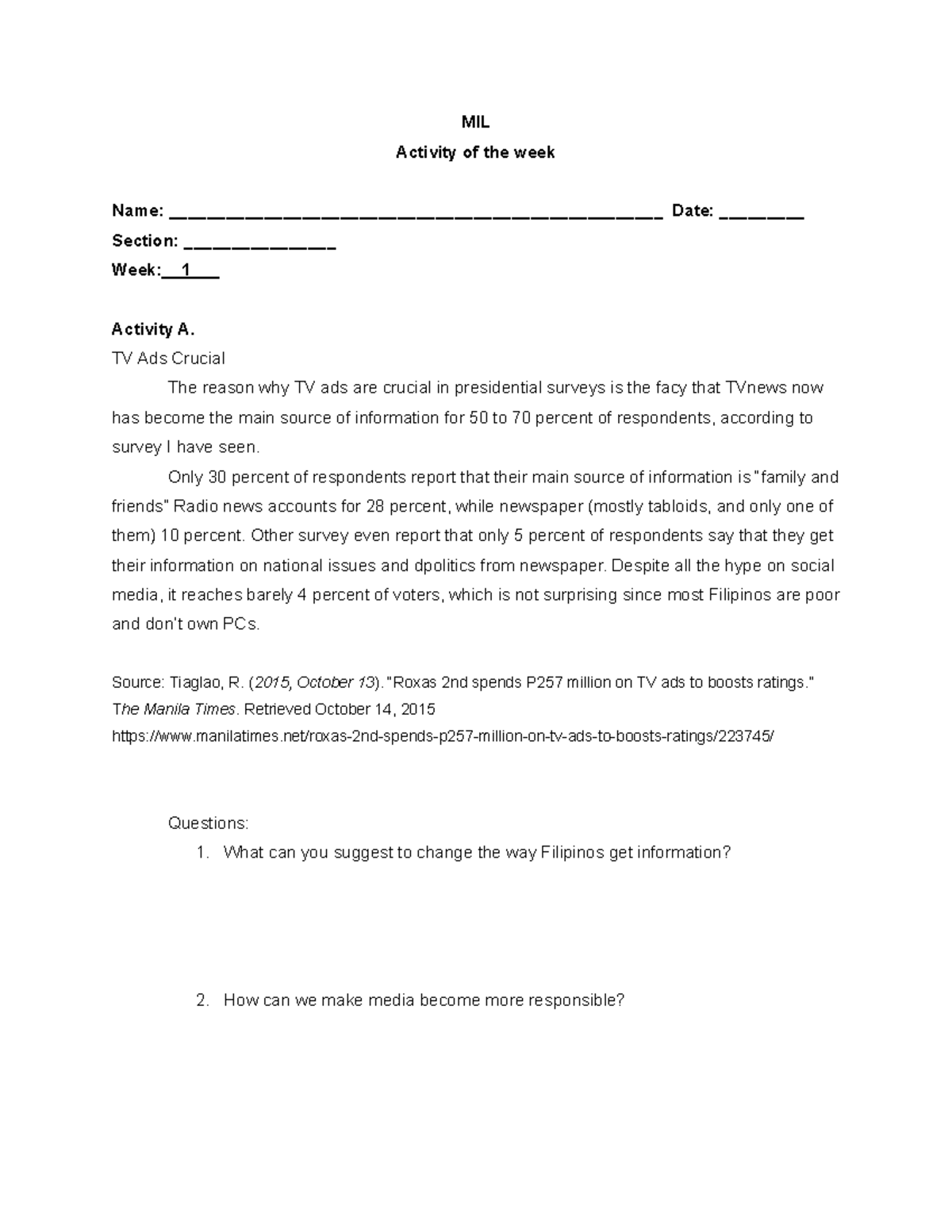 MIL Ao W 1 - Personal Use - MIL Activity of the week Name: - Studocu