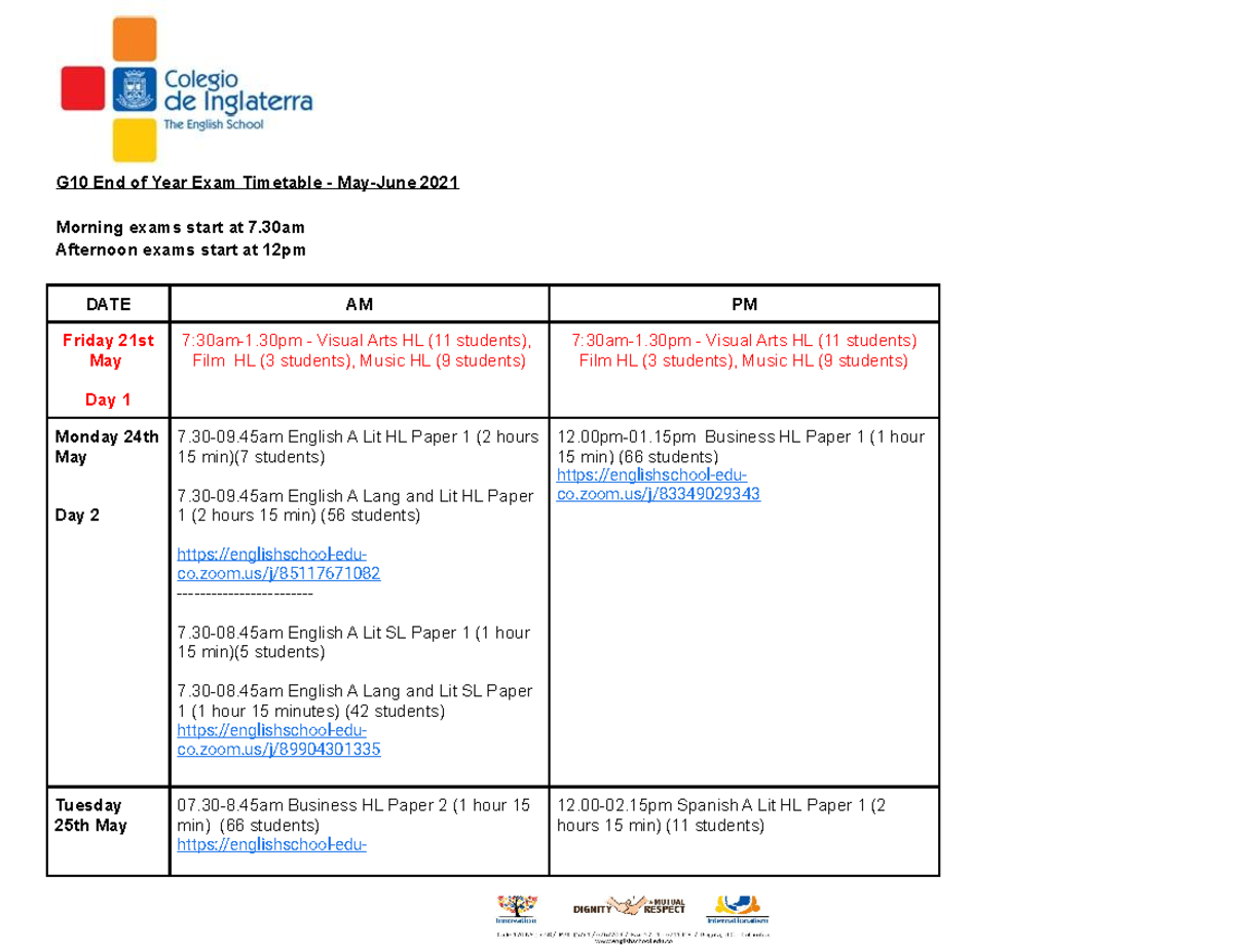 G10 End of Year Exam Timetable - May-June 2021 - 30-09 English A Lit HL ...