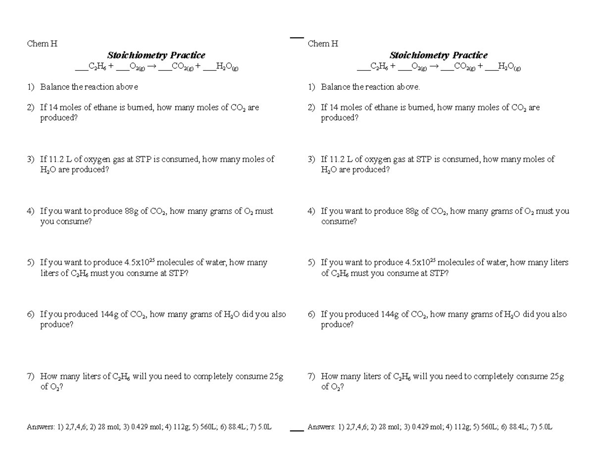15a. CH - Stoichiometry Practice - Chem H Stoichiometry Practice ___C 2 ...