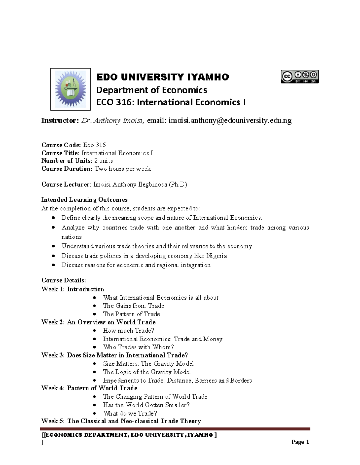 International Economics I Lecture Notes [[economics Department Edo University Iyamho ] Edo