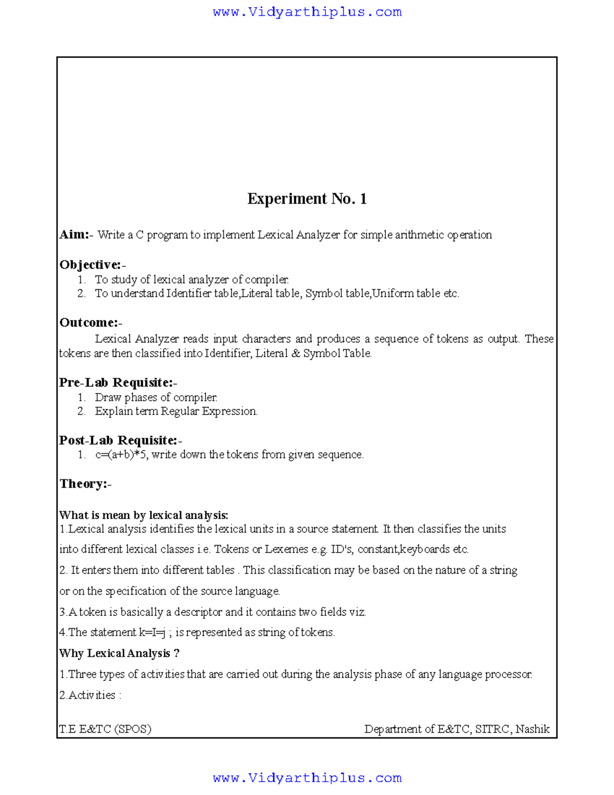 Spos lab manual - Ttiuuu - Experiment No. 1 Aim:- Write a C program to implement Lexical ...