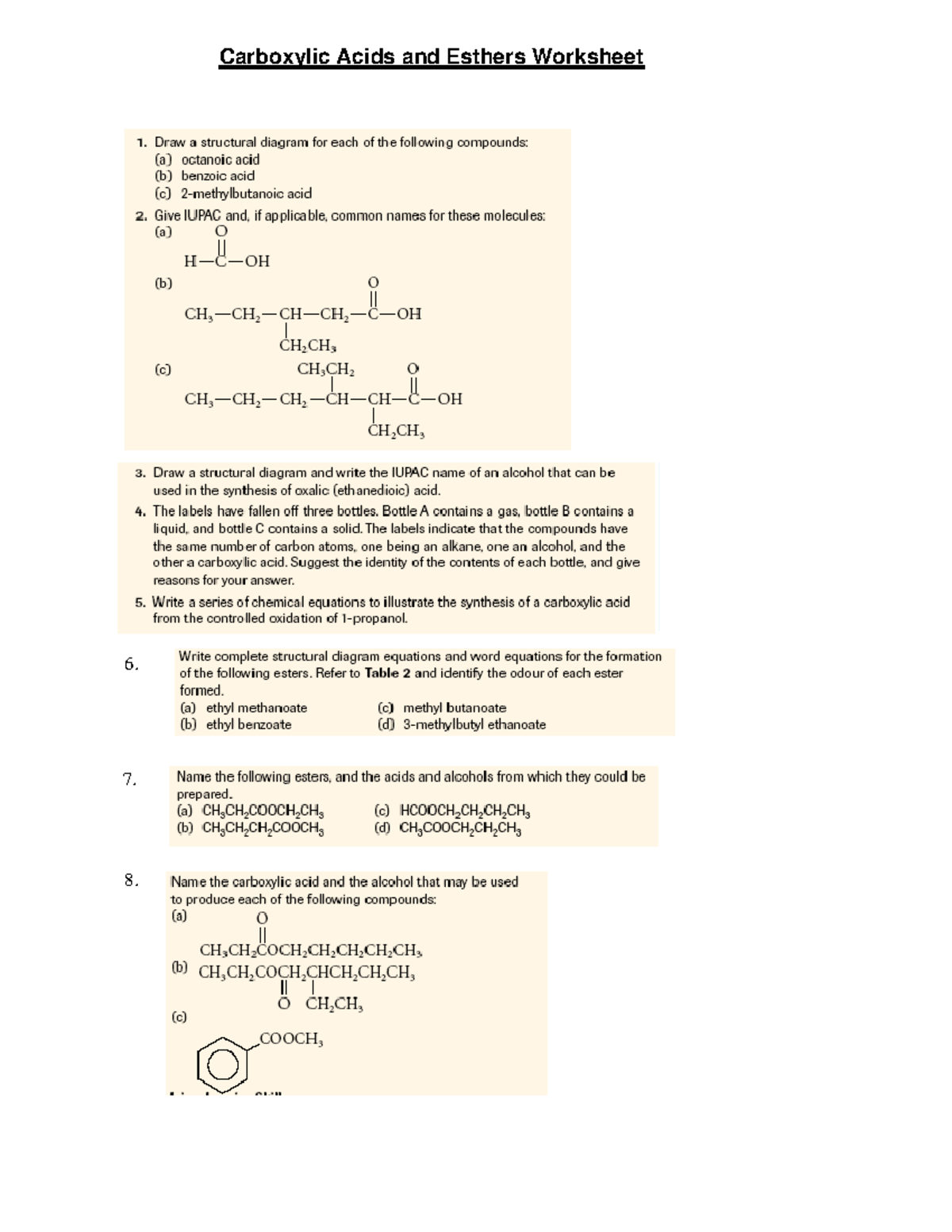 Carboxylic acids and esters worksheet - Chem 1A03 - 6. 7. Carboxylic ...
