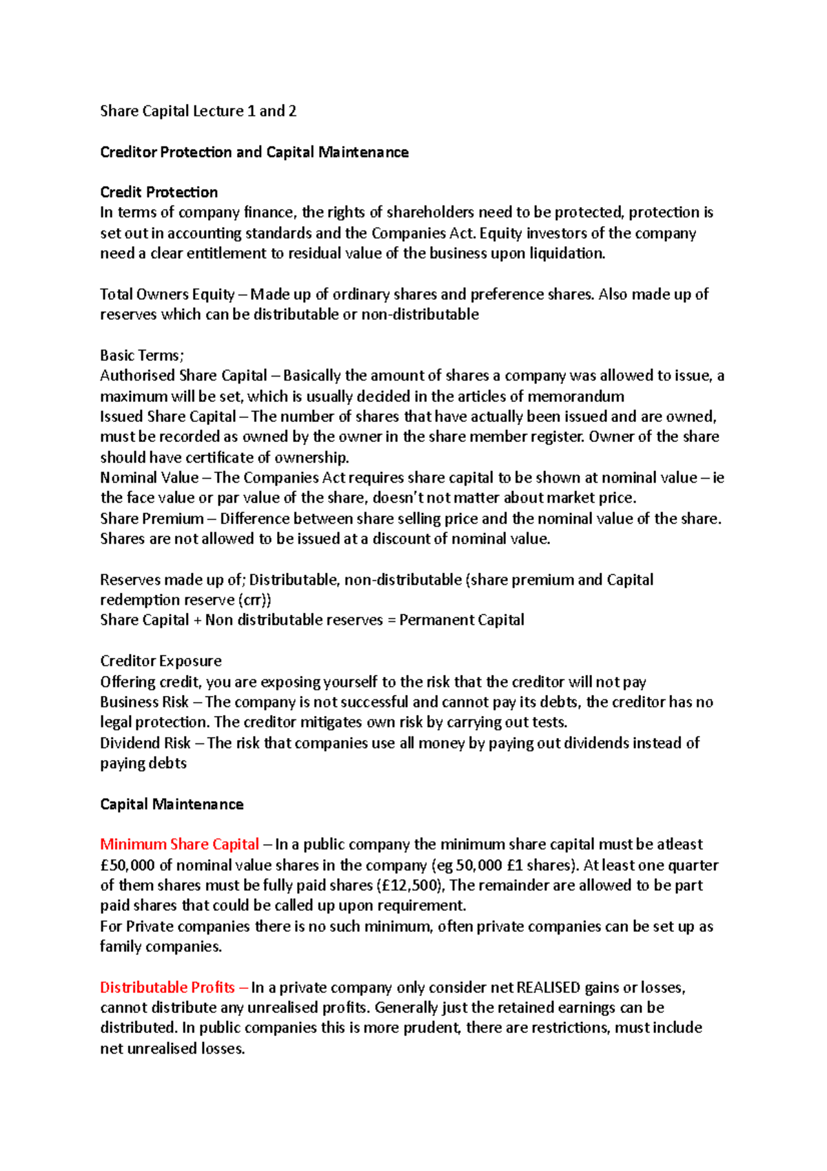 Share Capital Lecture 1 and 2 (Notes) - Share Capital Lecture 1 and 2 ...