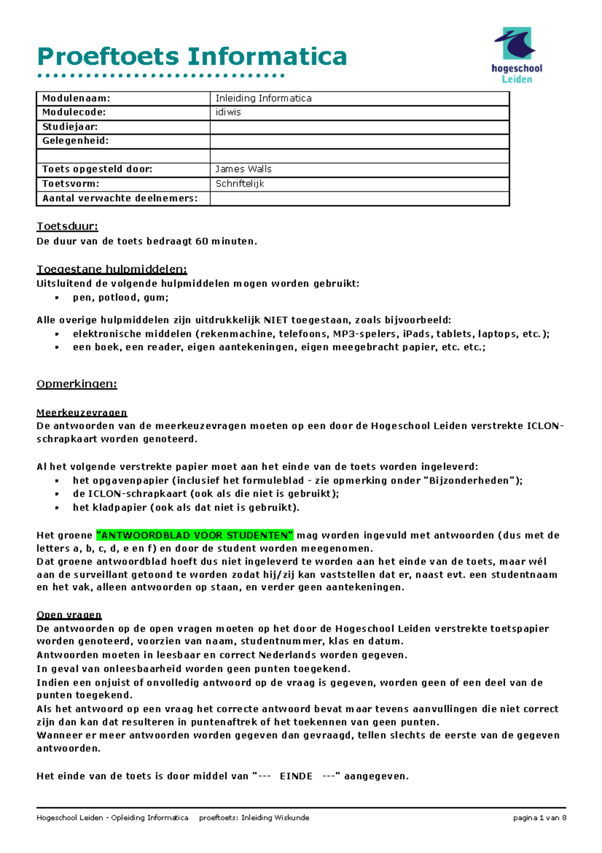 I iwis - Proeftoets - ............................... Modulenaam ...