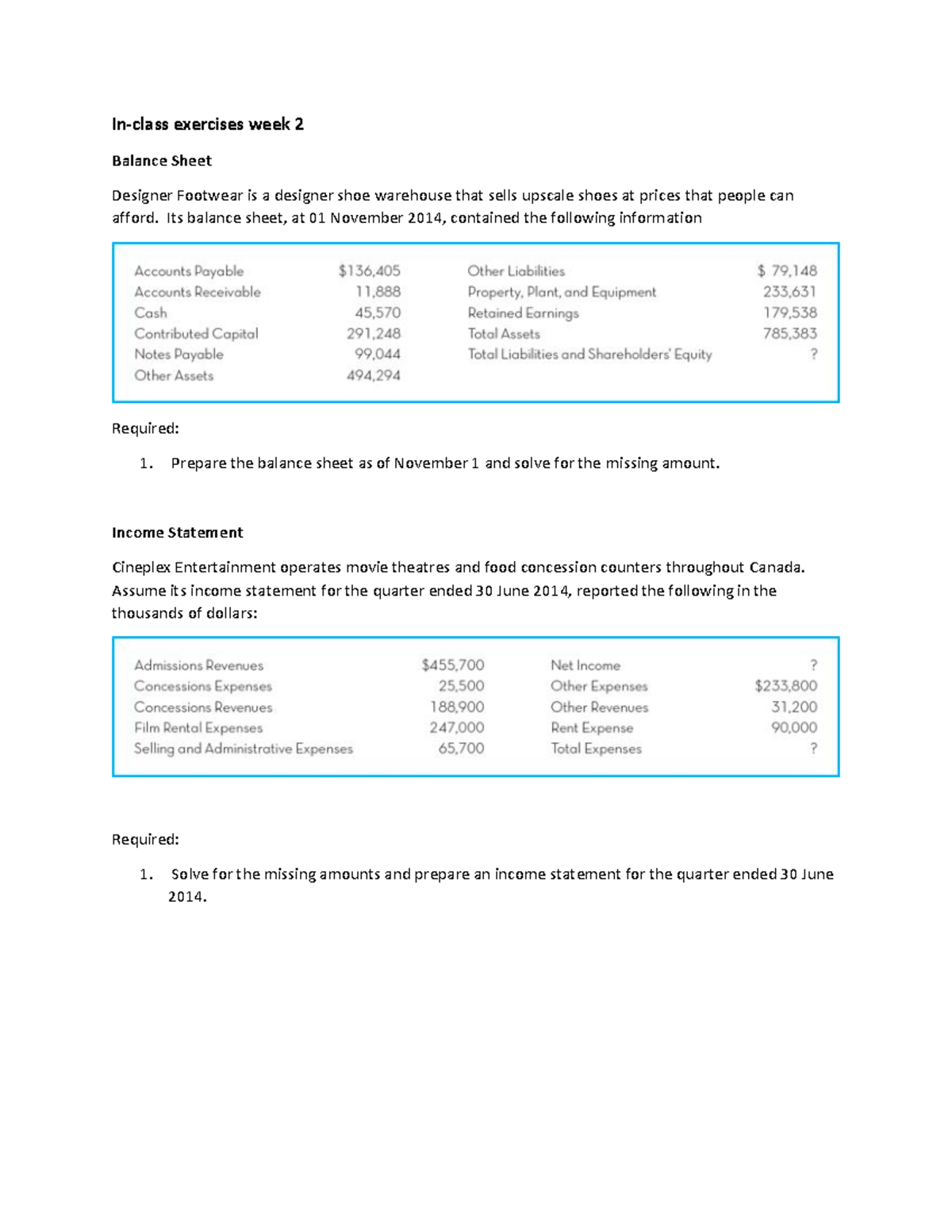 In-class exercise in class: balance sheet, income statement - In-class ...