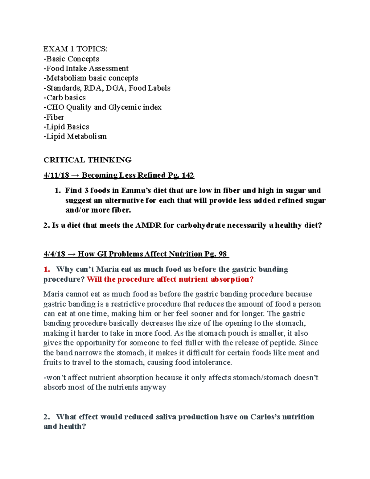 Nutrition EXAM and Notes - EXAM 1 TOPICS: -Basic Concepts -Food Intake ...