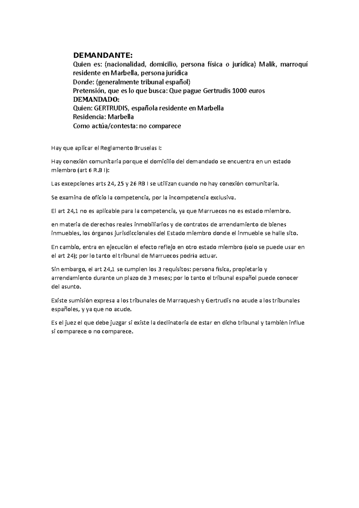 CASO Práctico Ejemplo Derecho PRIV Inter - DEMANDANTE: Quien es ...