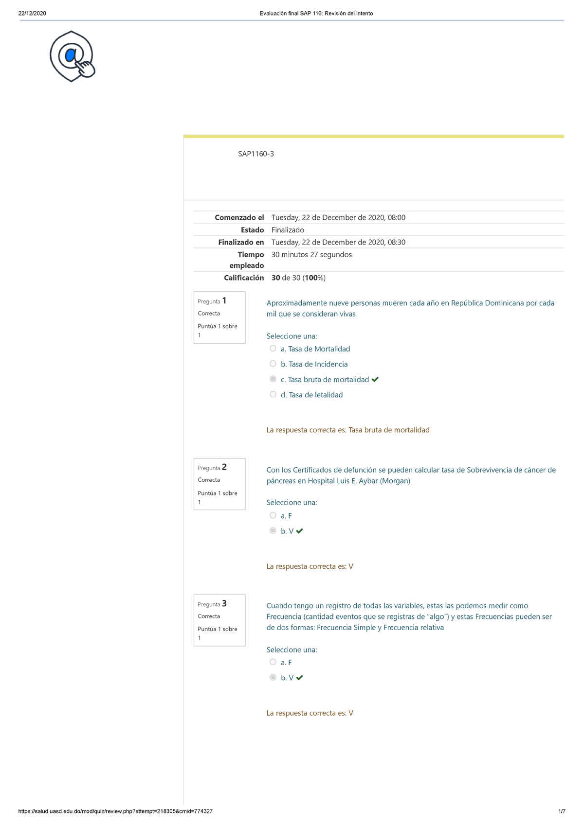 Evaluación final SAP 116 Revisión del intento - SAP1160- Pregunta 1 ...