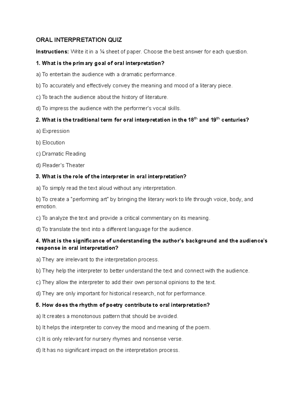 QUIZ - Prof ed - ORAL INTERPRETATION QUIZ Instructions: Write it in a ¼ sheet of paper. Choose ...