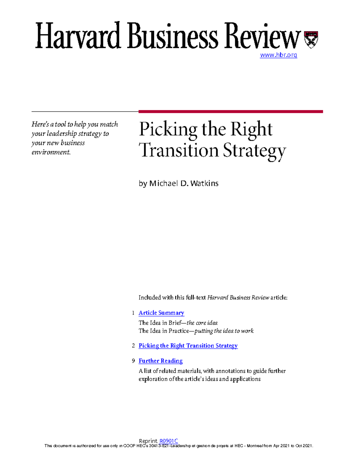 R0901C-PDF-ENG - leadership et gestion assignment - hbr Picking the ...