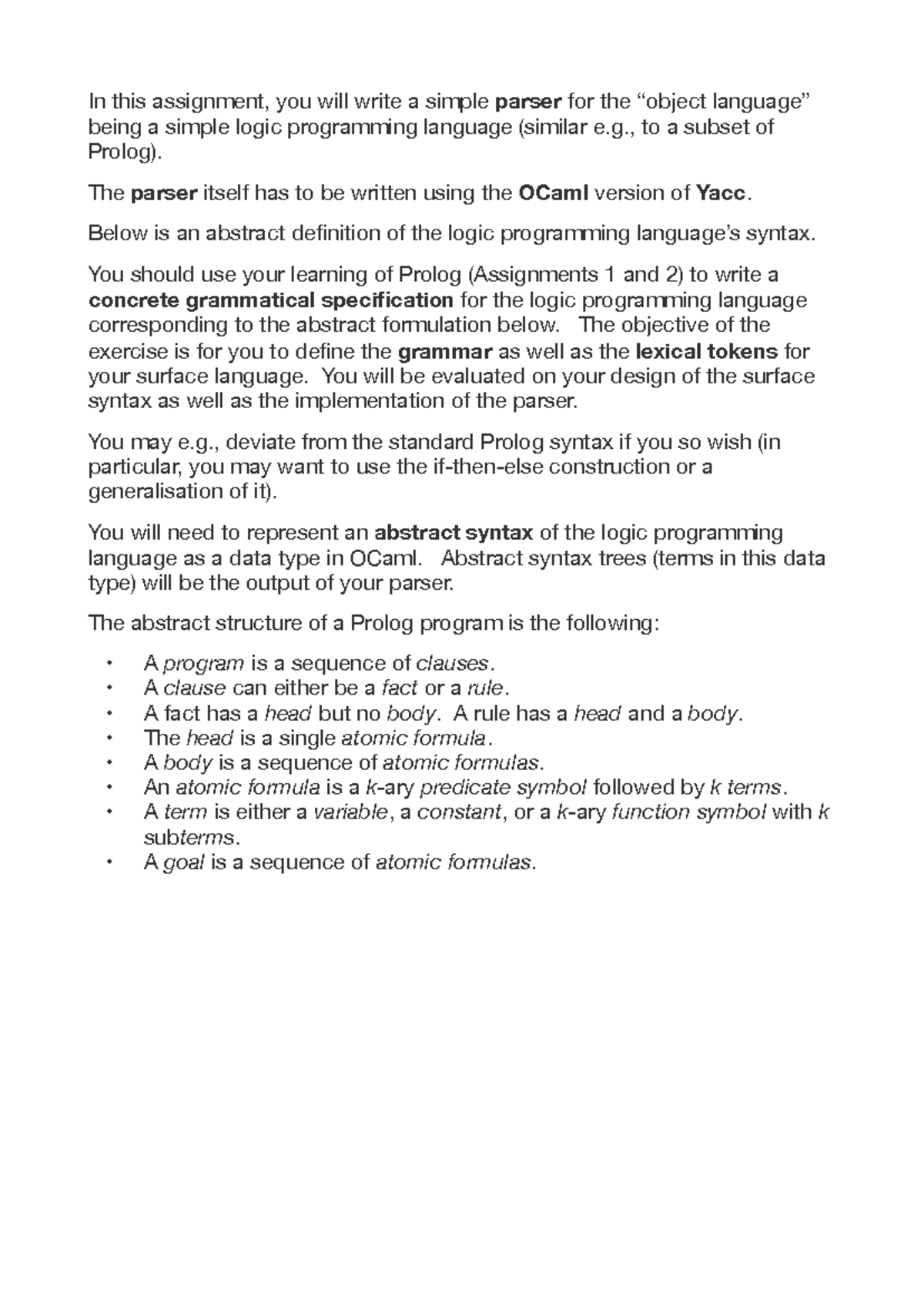 Assign 4 - In this assignment, you will write a simple parser for the ...