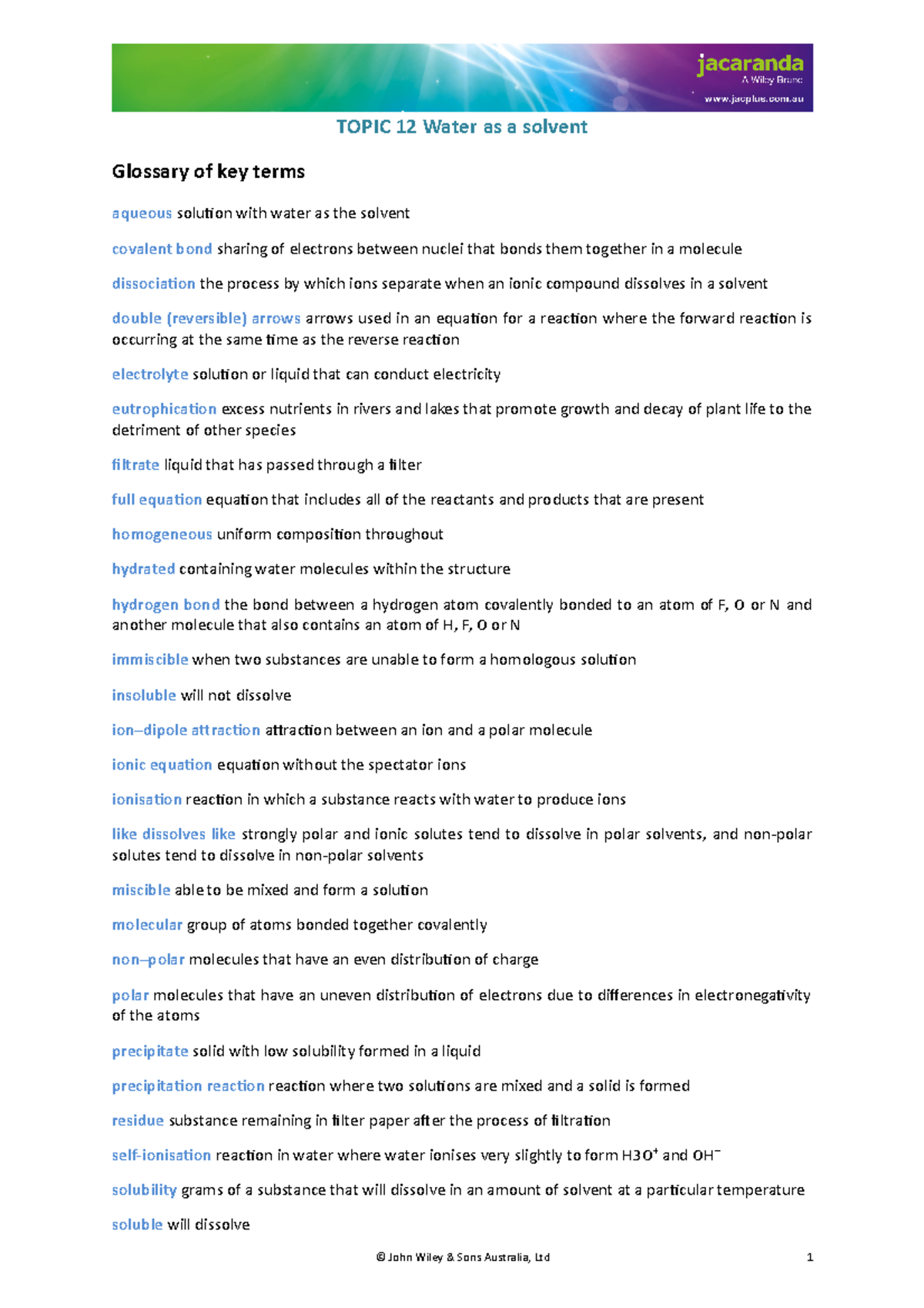 Glossary - chem help - TOPIC 12 Water as a solvent Glossary of key ...